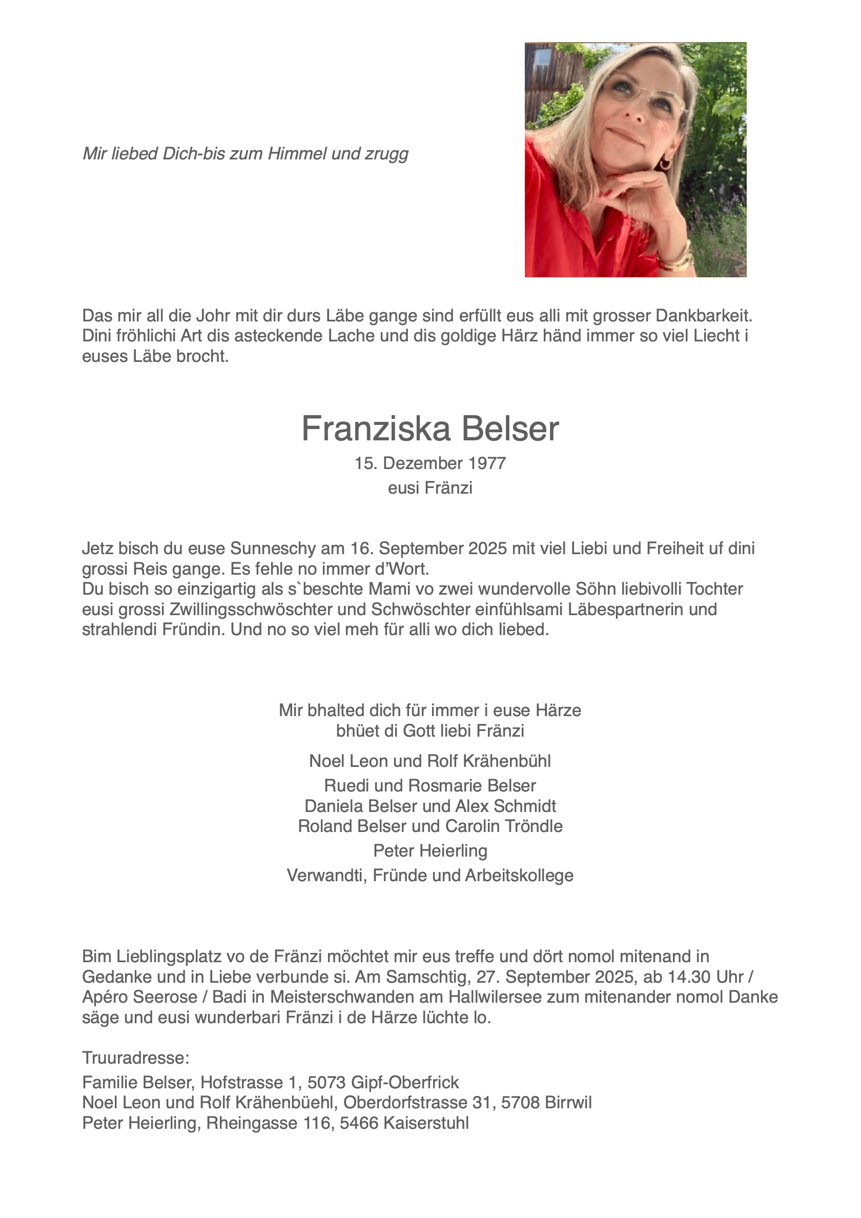 Franziska Belser | Kondolieren