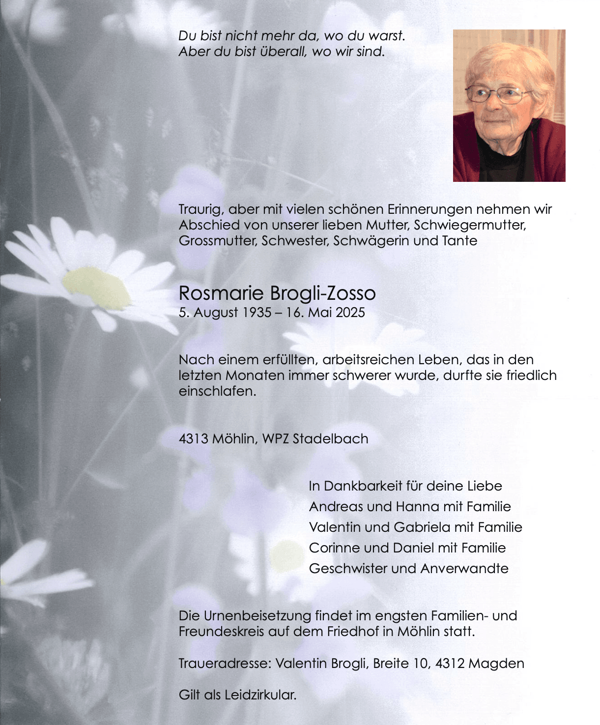 Rosmarie Brogli-Zosso | Kondolieren