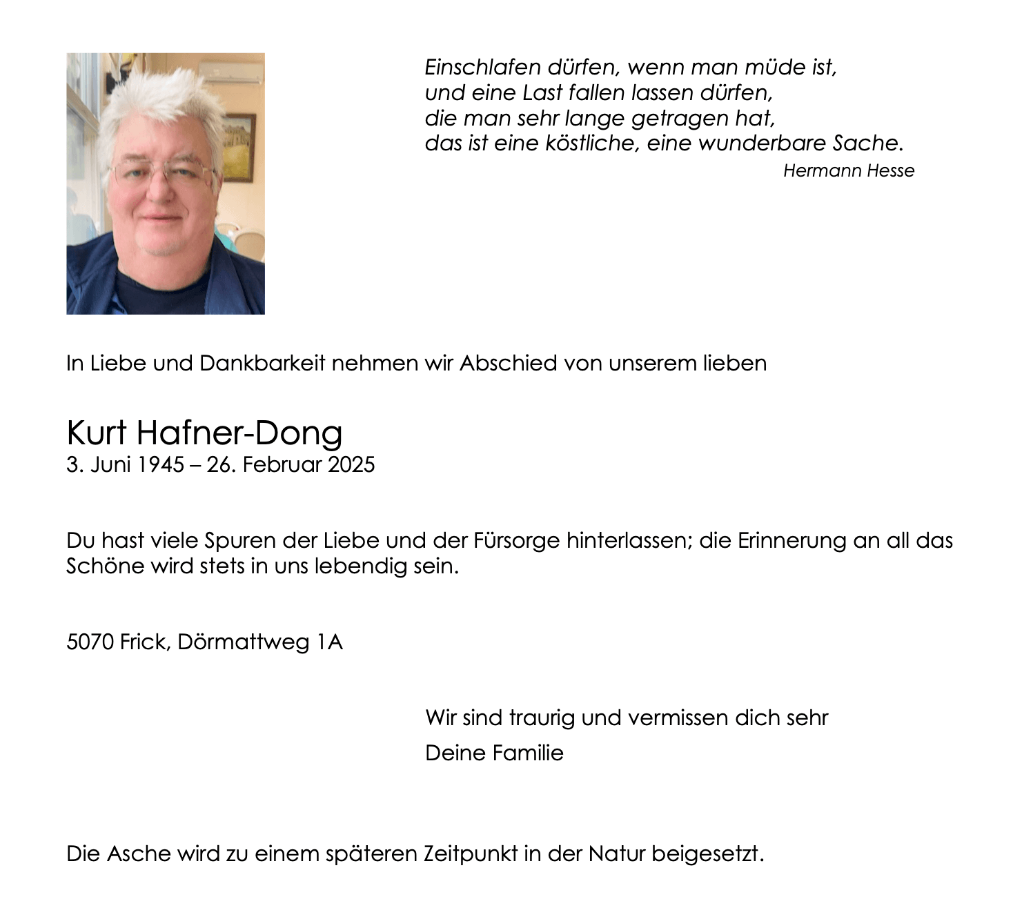 Kurt Hafner-Dong | Kondolieren